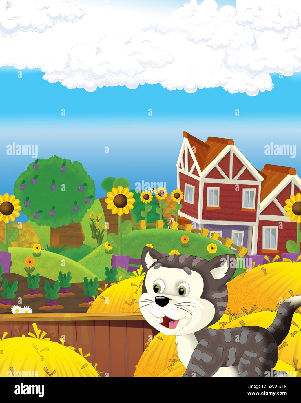 cartoon scene with cheerful cat having fun on the farm - illustration ...