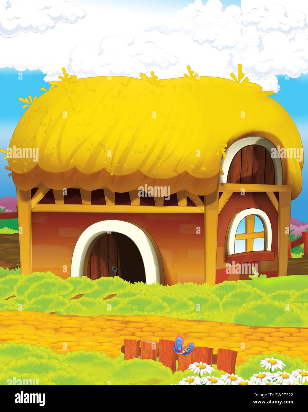 cartoon scene with funny looking farm house on the hill - illustration ...