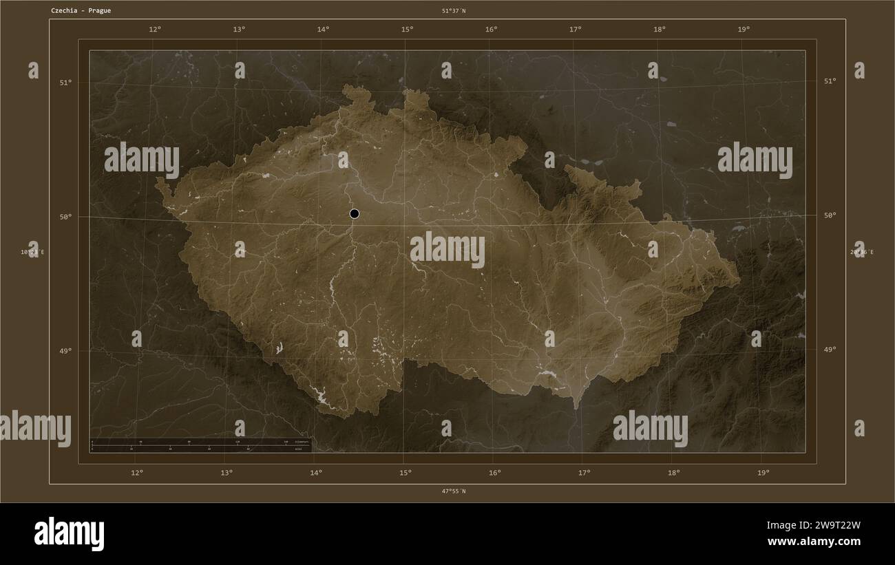 Czechia highlighted on a elevation map colored in sepia tones with ...