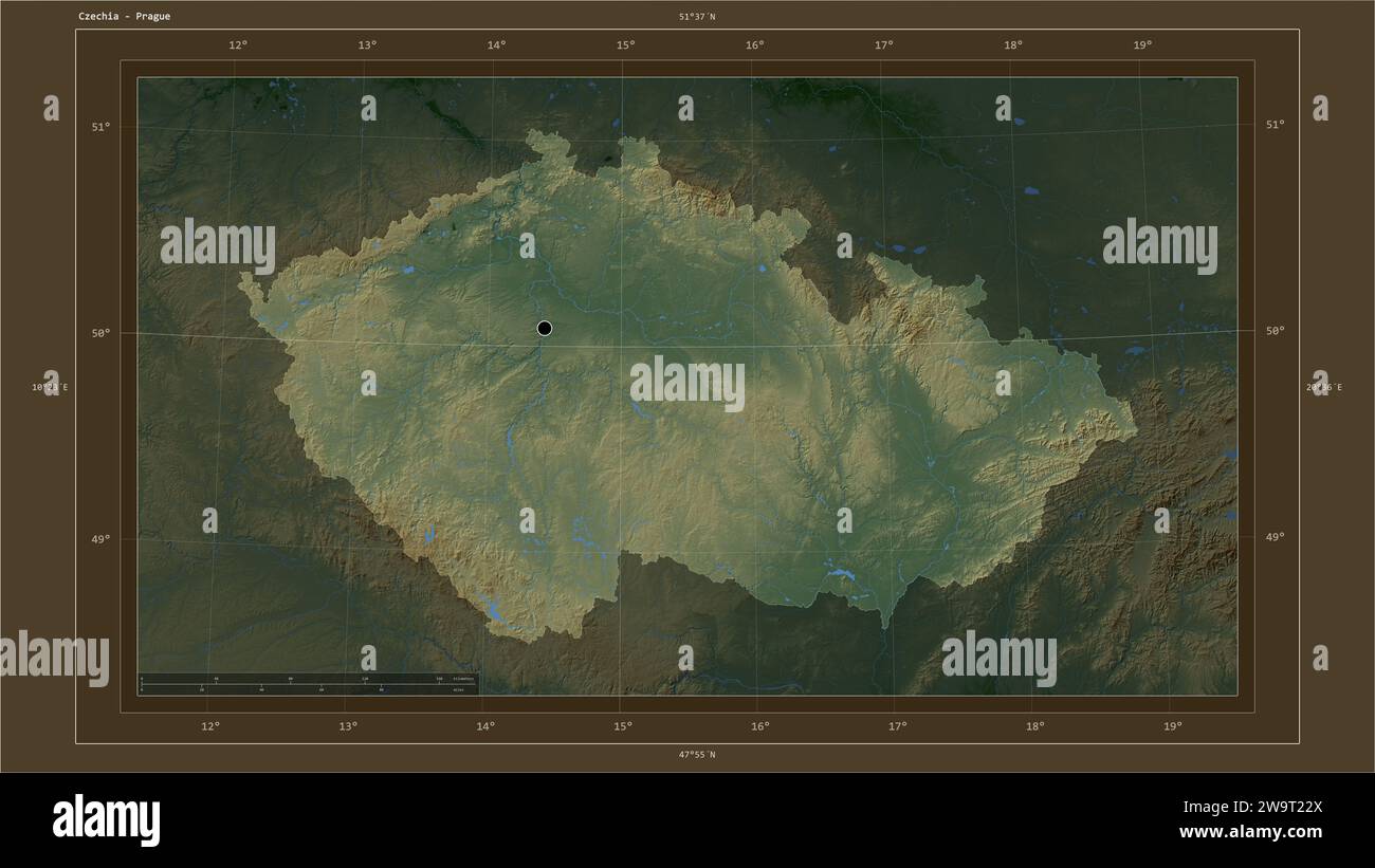 Czechia highlighted on a Colored elevation map with lakes and rivers ...