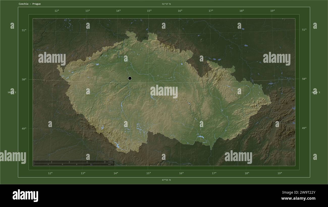 Czechia highlighted on a Pale colored elevation map with lakes and ...