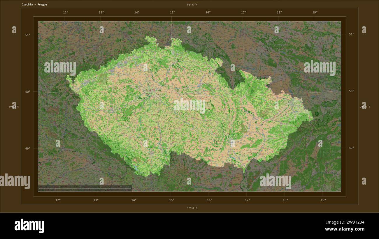 Czechia highlighted on a topographic, OSM France style map map with the ...