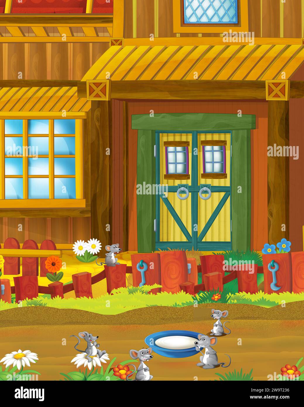 cartoon scene with funny looking farm house on the hill - illustration ...