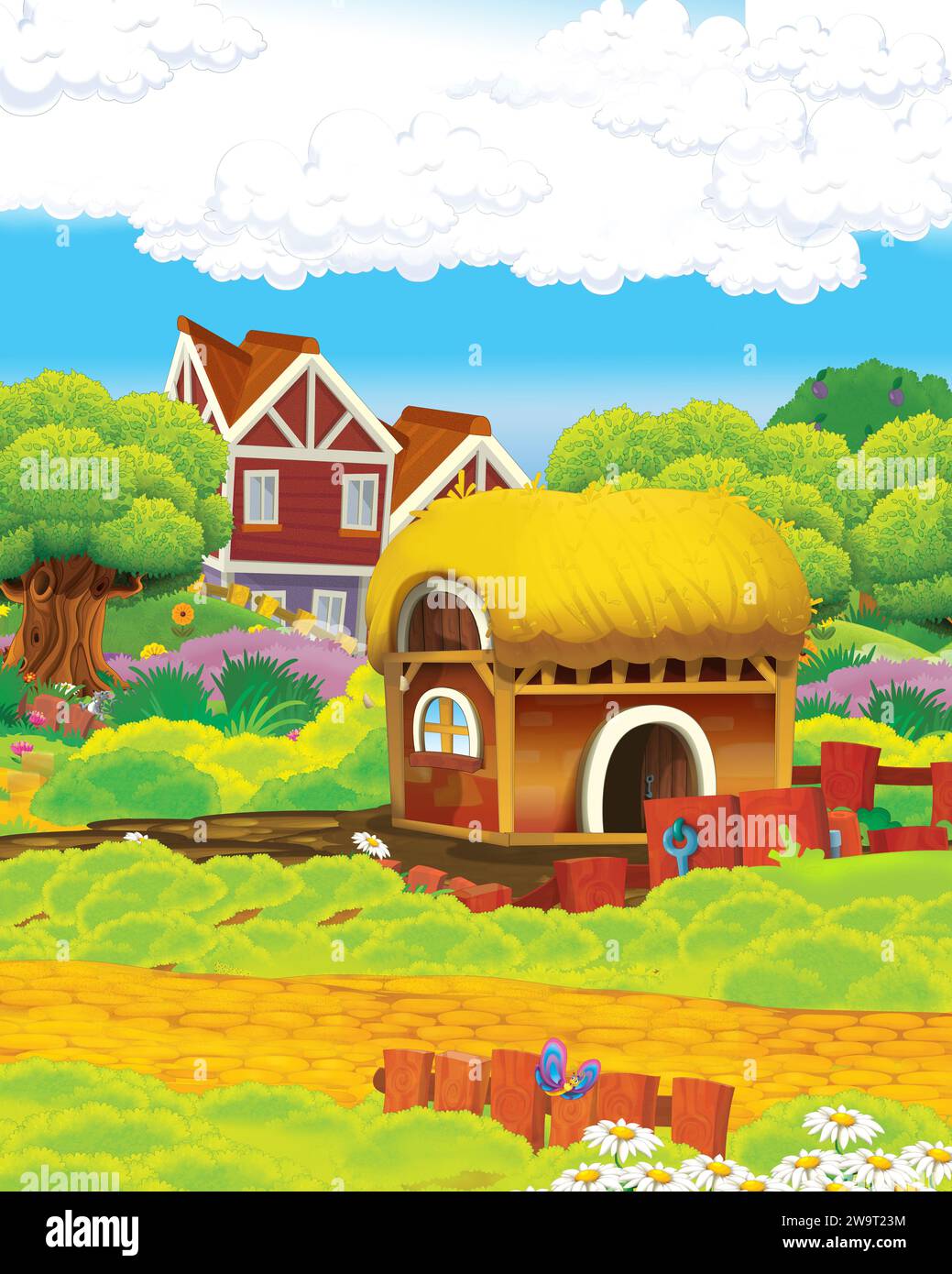 cartoon scene with funny looking farm house on the hill - illustration ...