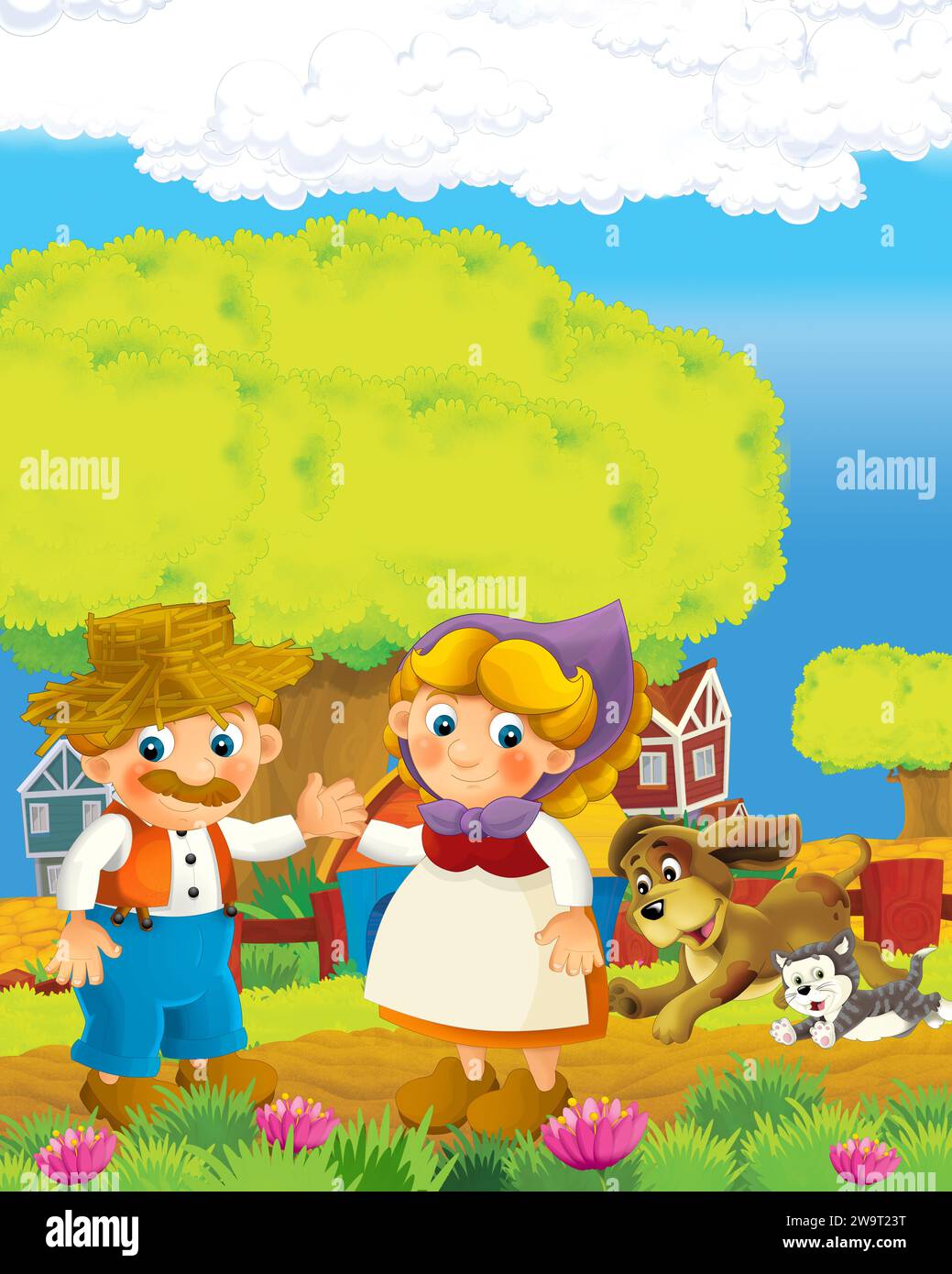 cartoon scene with happy farmer man and woman on the farm ranch ...