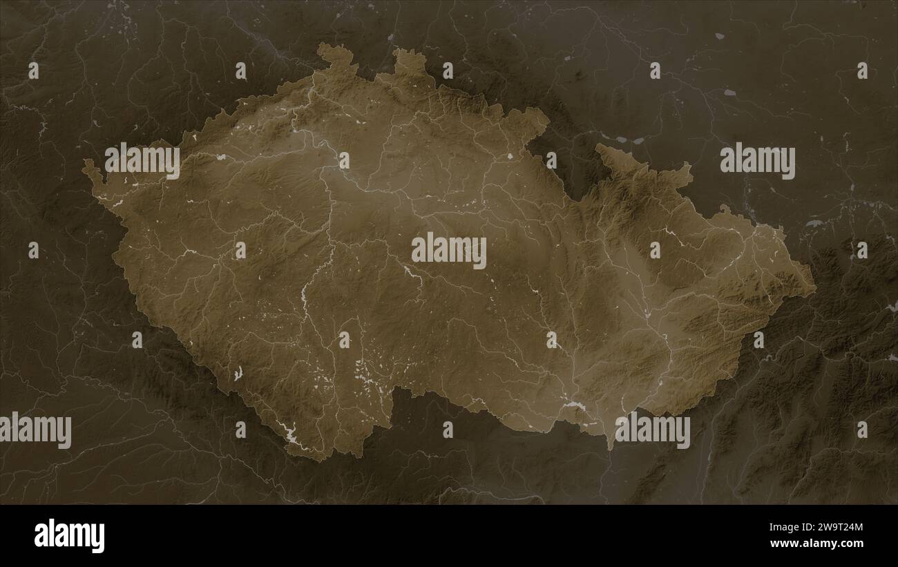 Czechia highlighted on a elevation map colored in sepia tones with ...