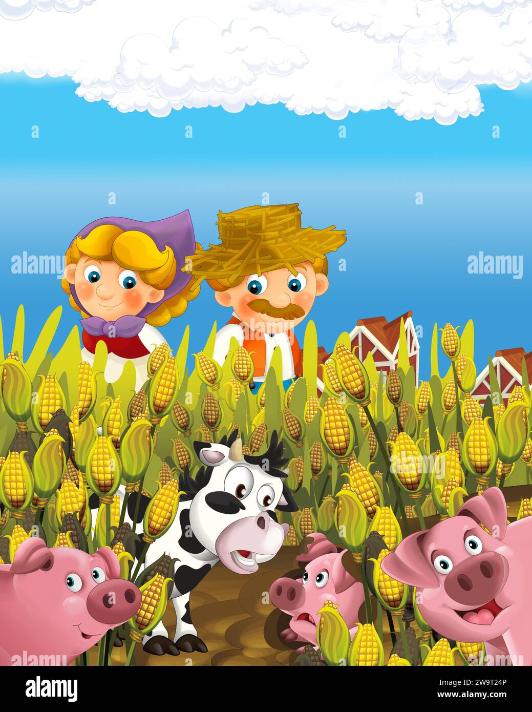 cartoon scene with happy farmer man and woman on the farm ranch ...