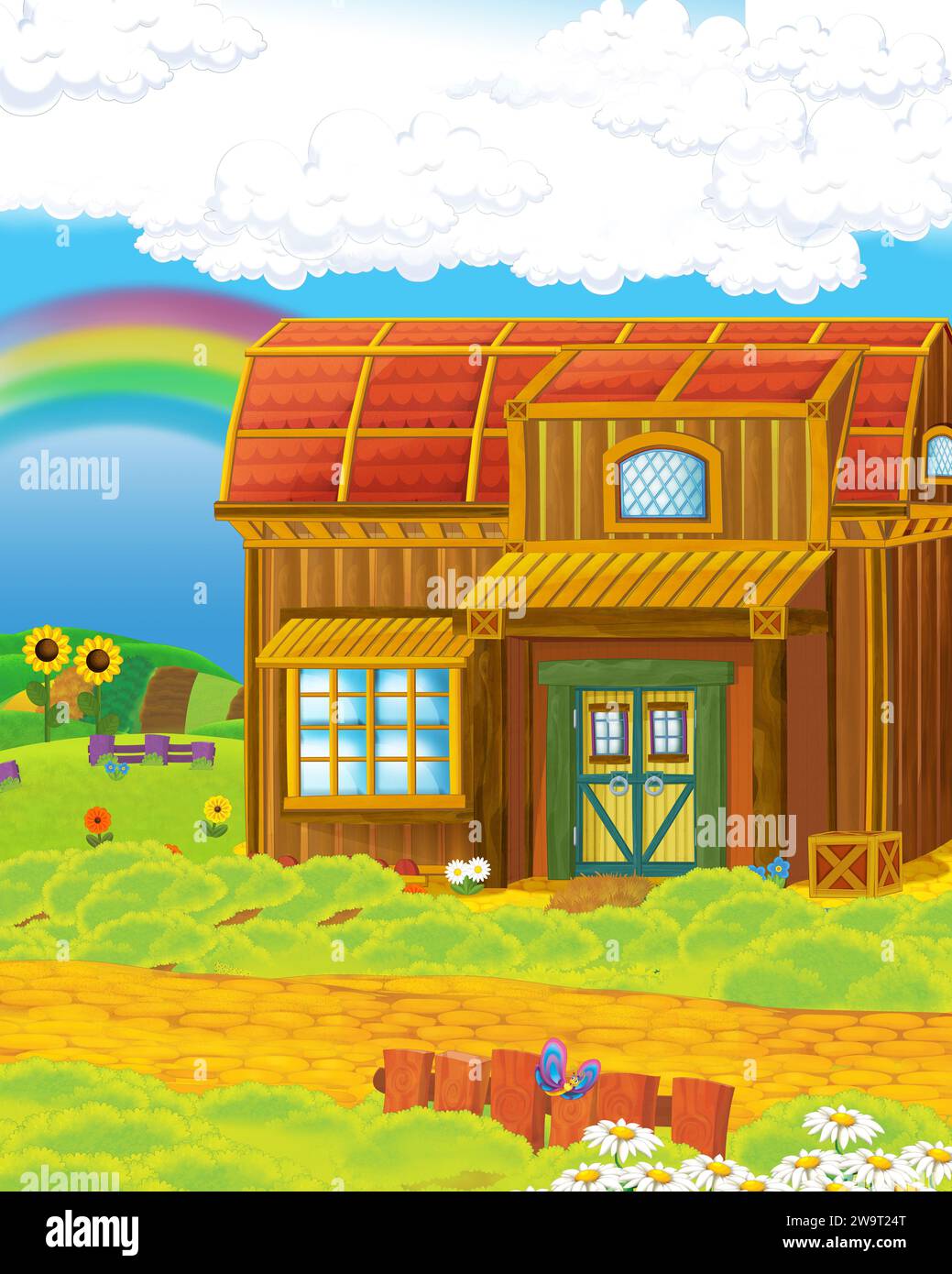 cartoon scene with funny looking farm house on the hill - illustration ...
