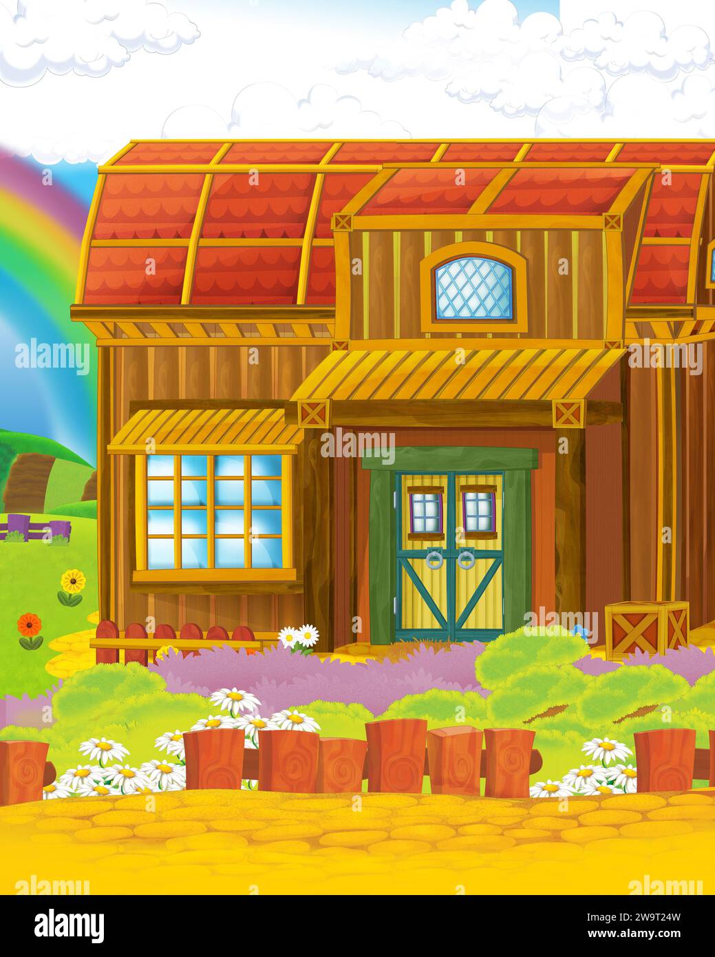 cartoon scene with funny looking farm house on the hill - illustration ...