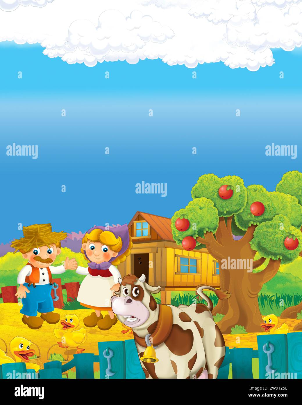 cartoon scene with happy farmer man and woman on the farm ranch ...