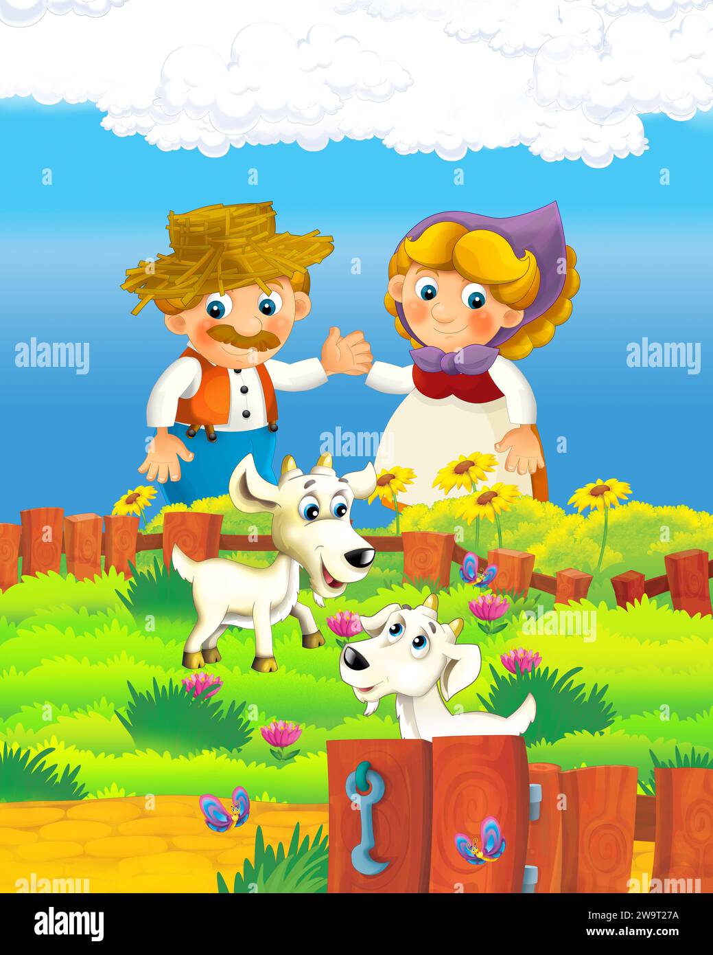 cartoon scene with happy farmer man and woman on the farm ranch ...