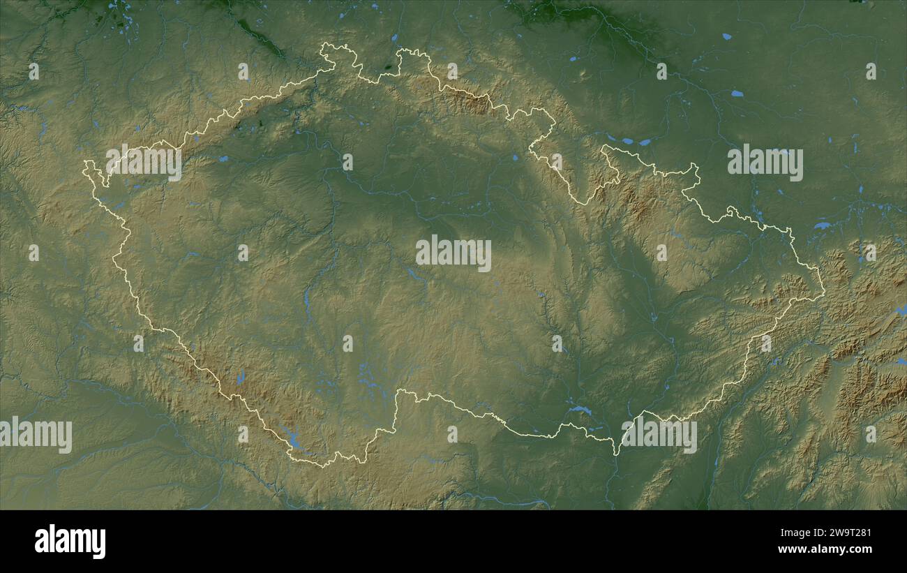 Czechia outlined on a Colored elevation map with lakes and rivers Stock ...