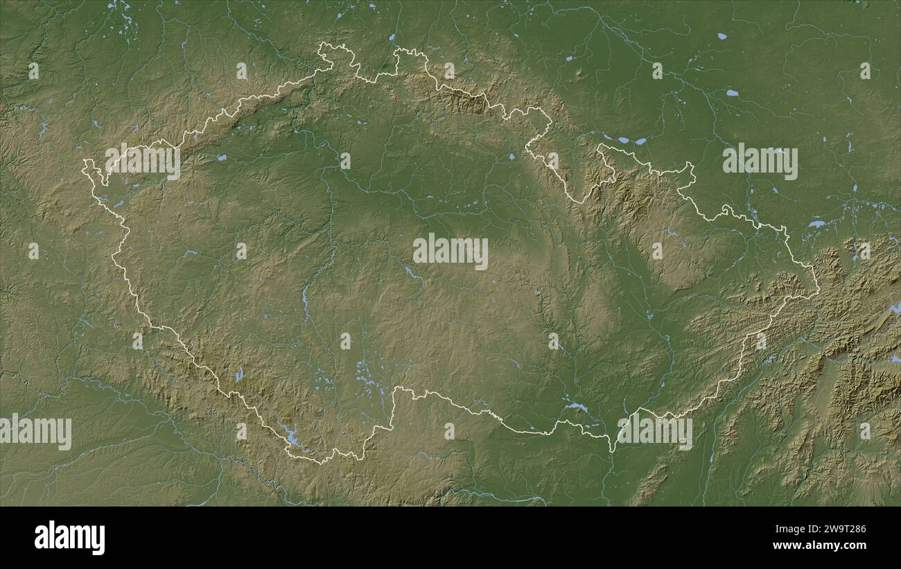 Czechia outlined on a Pale colored elevation map with lakes and rivers ...