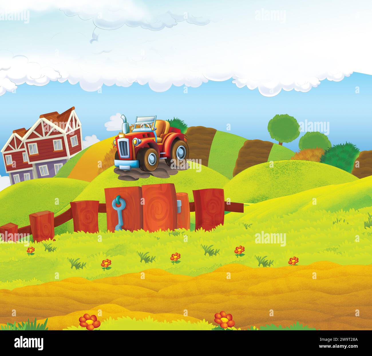 Cartoon empty farm scene with car tractor for different usage ...