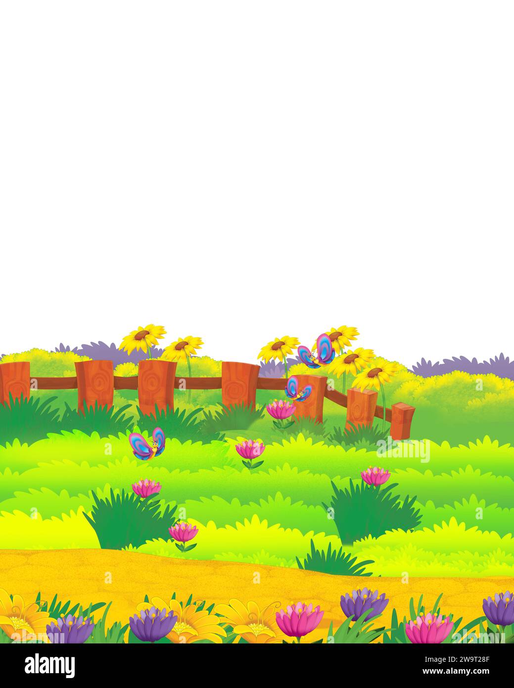 cartoon scene with nature meadow on white background - illustration for ...