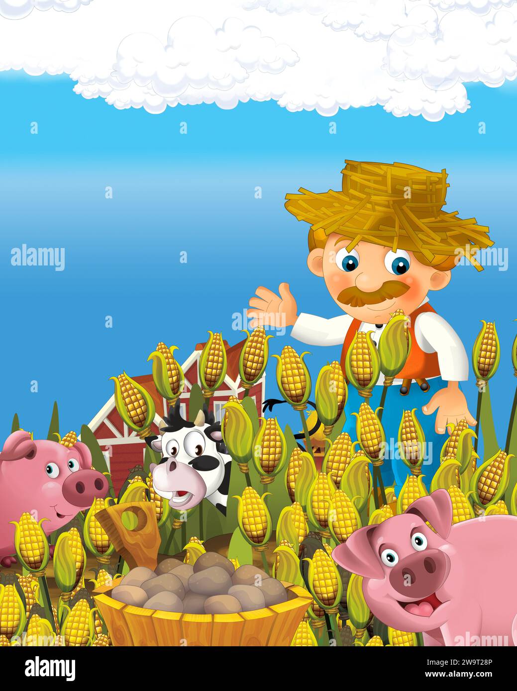 cartoon scene with happy farmer man on the farm ranch illustration for ...