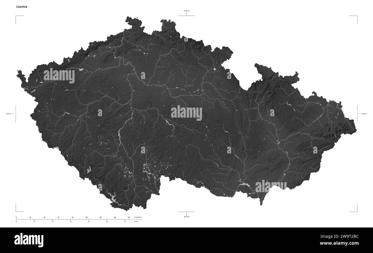 Shape of a Grayscale elevation map with lakes and rivers of the Czechia, with distance scale and ...