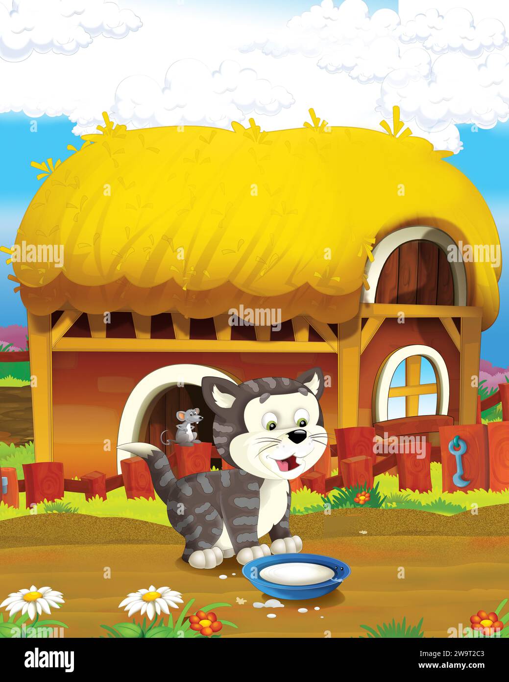 cartoon scene with cheerful cat having fun on the farm - illustration ...