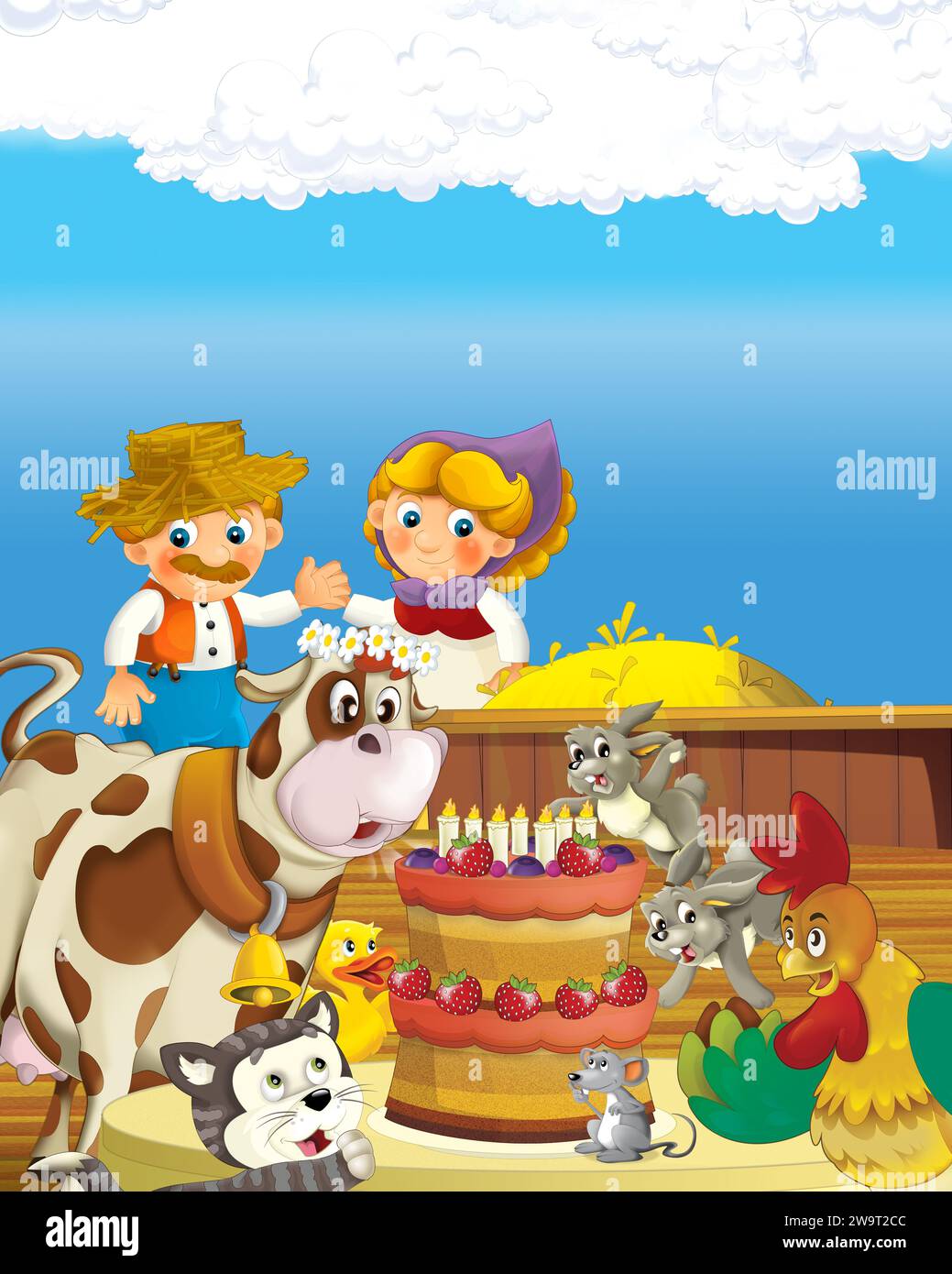cartoon scene with happy farmer man and woman on the farm ranch ...