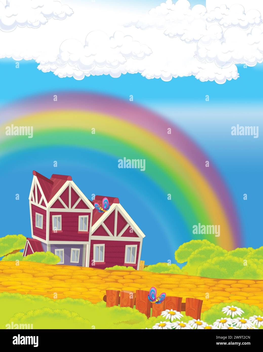cartoon scene with funny looking farm house on the hill - illustration ...
