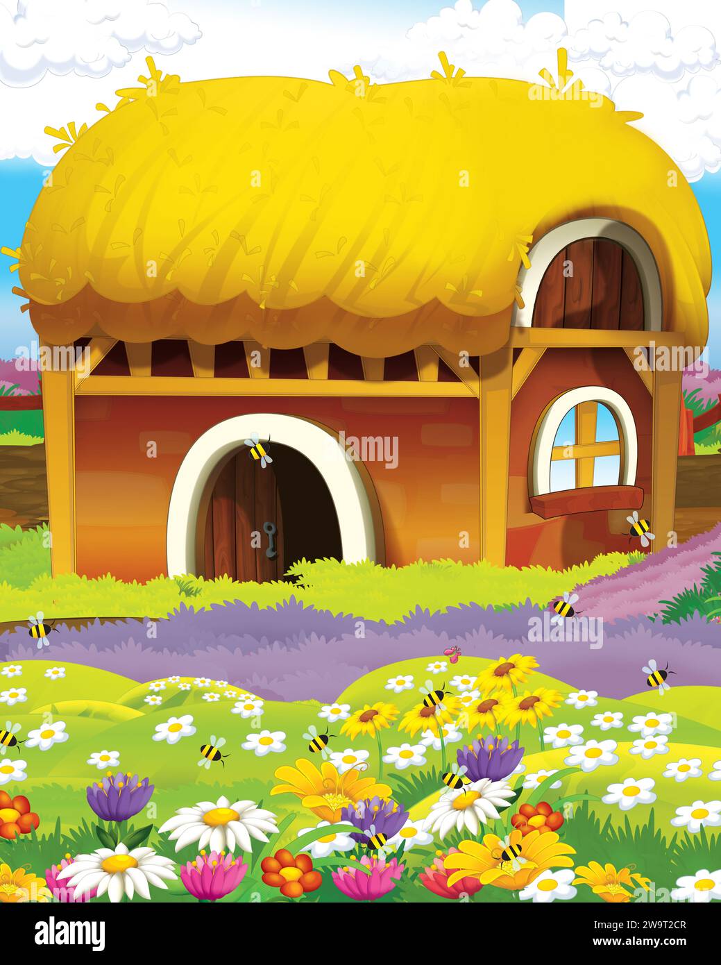 cartoon scene with funny looking farm house on the hill - illustration ...
