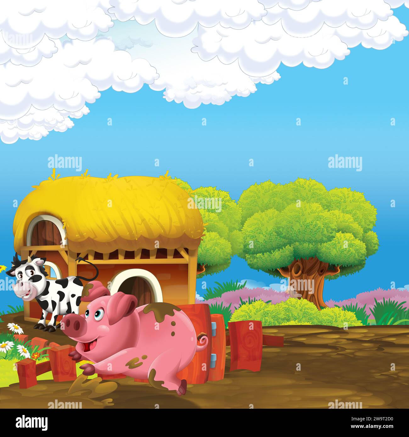 cartoon scene with pig and cow having fun on the farm - illustration ...