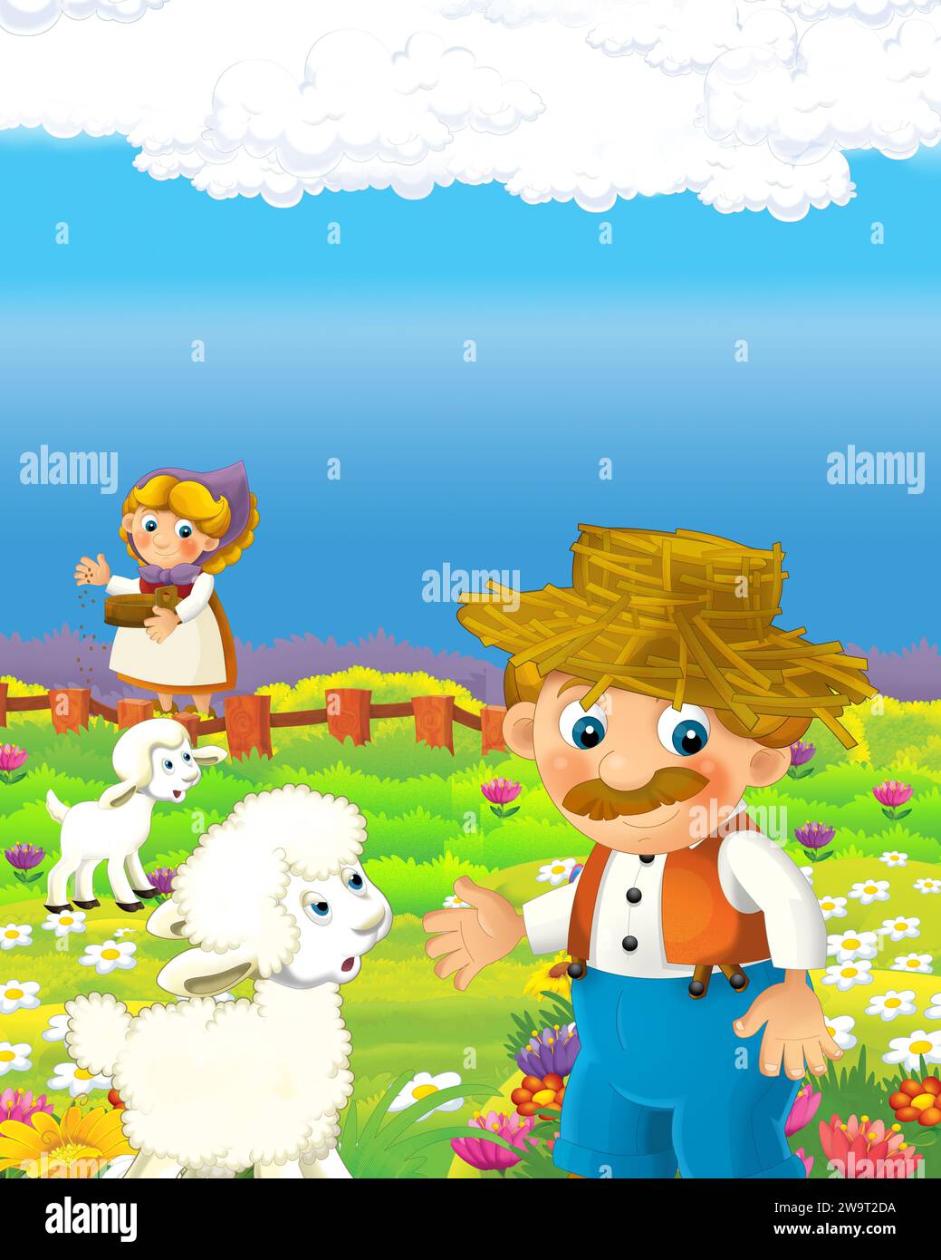 cartoon scene with happy farmer man and woman on the farm ranch ...