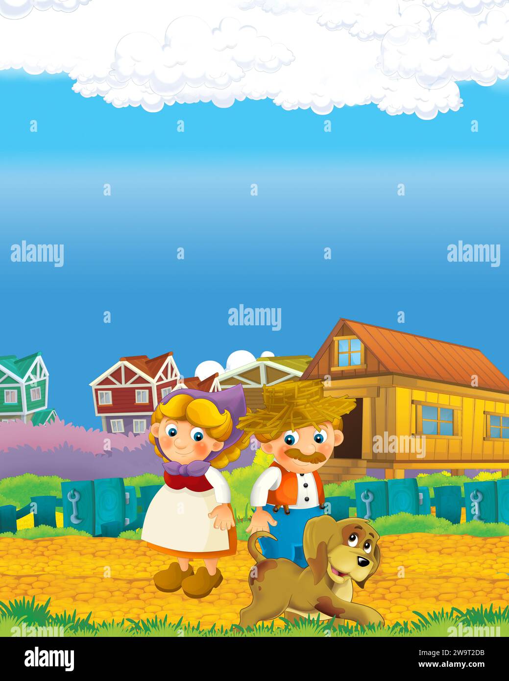 cartoon scene with happy farmer man and woman on the farm ranch ...