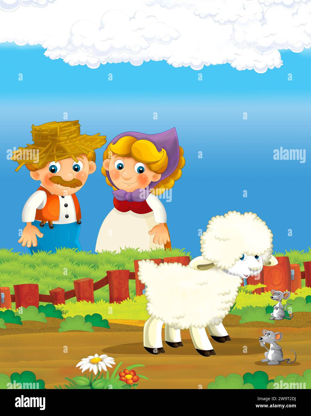 cartoon scene with happy farmer man and woman on the farm ranch ...