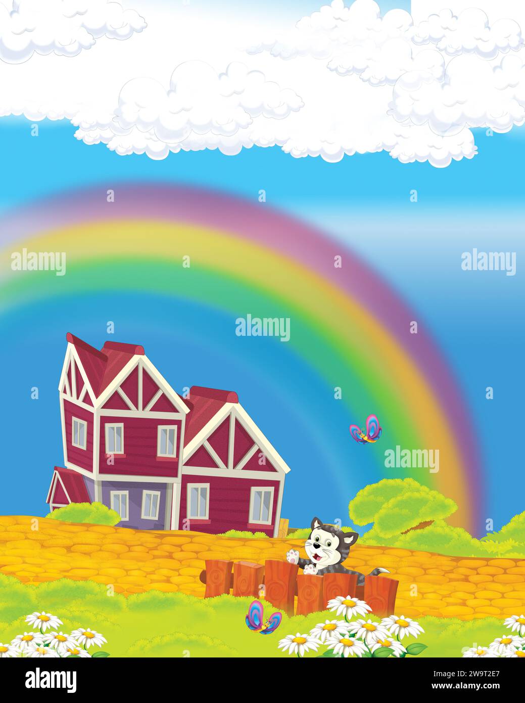 cartoon scene with cheerful cat having fun on the farm - illustration ...