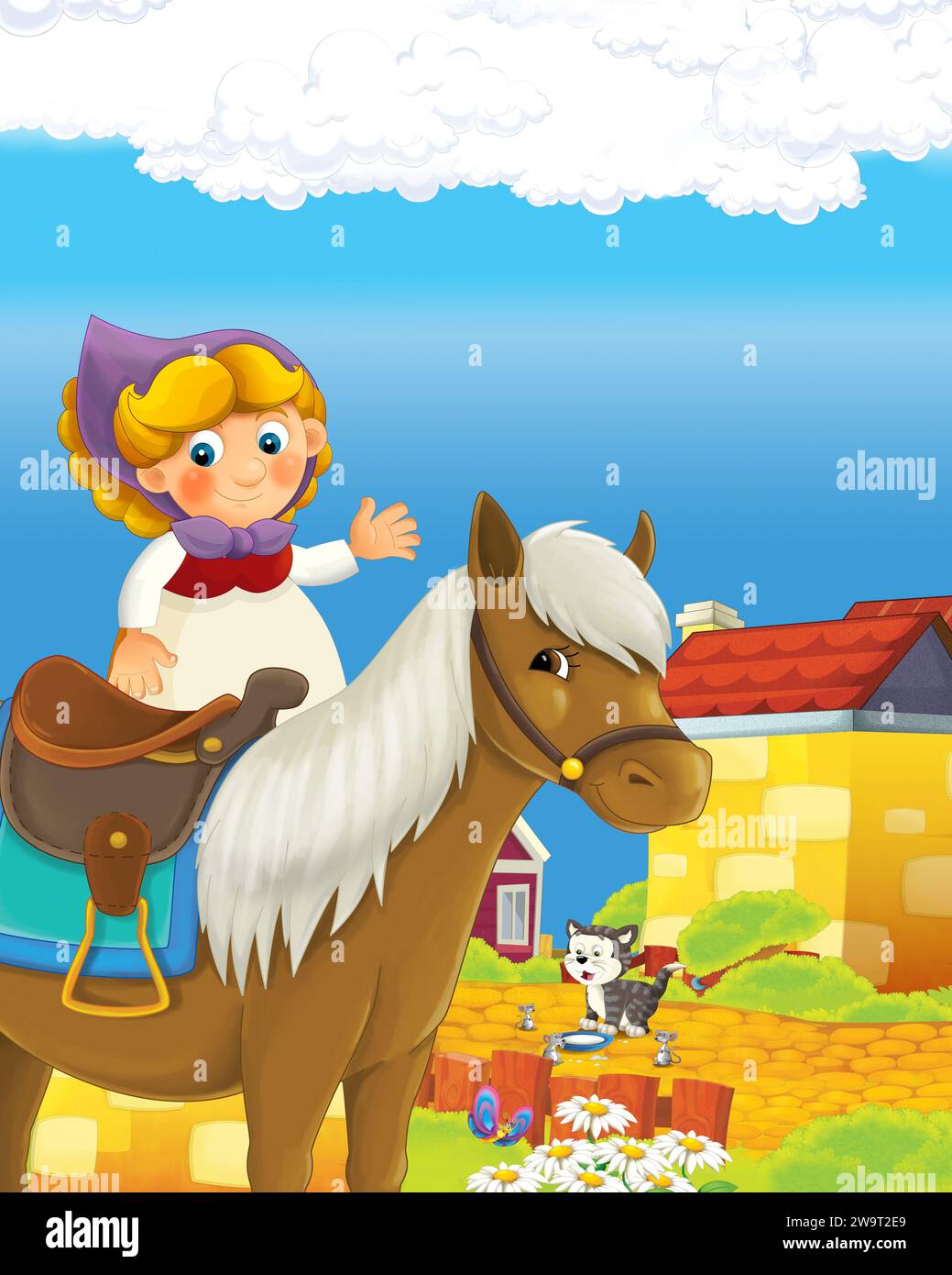 cartoon scene with happy farmer woman on the farm ranch illustration ...
