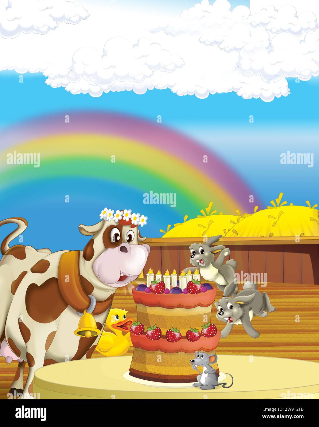 cartoon scene with cow having fun on the farm on white background ...