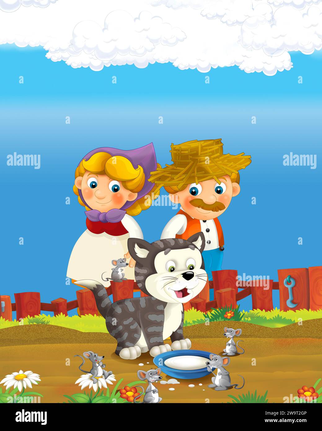 cartoon scene with happy farmer man and woman on the farm ranch ...