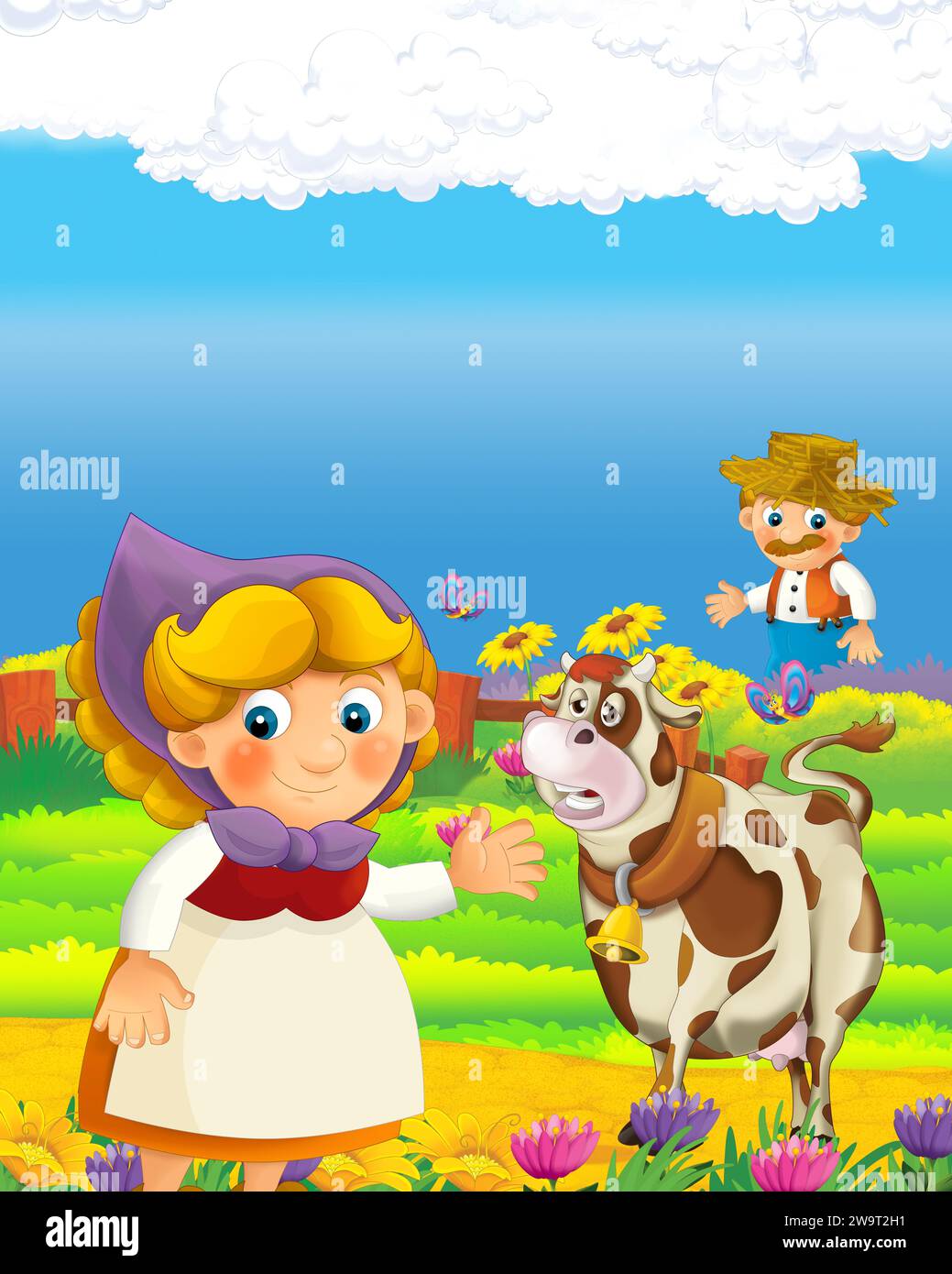 cartoon scene with happy farmer man and woman on the farm ranch ...