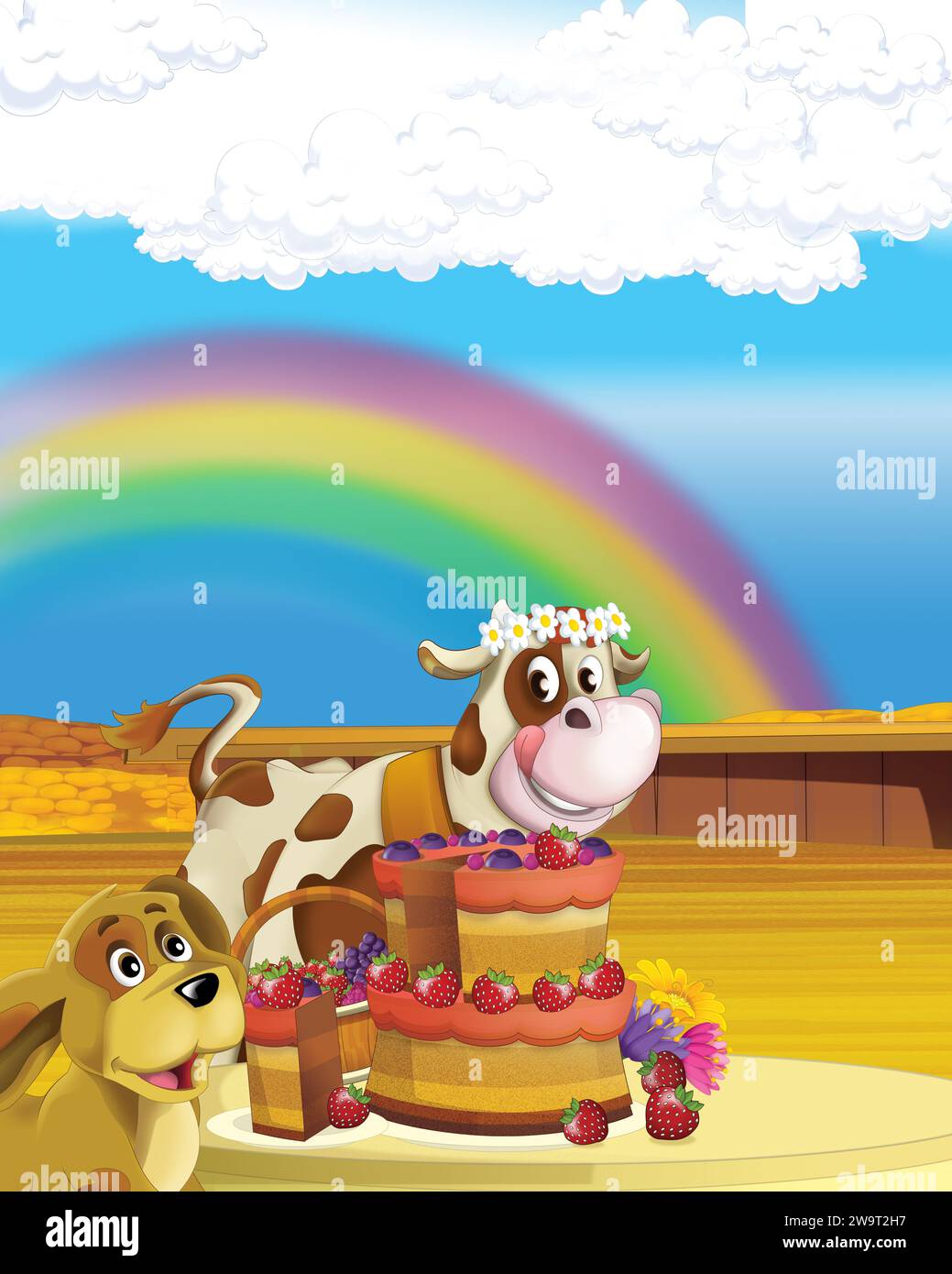 cartoon scene with cow having fun on the farm on white background ...