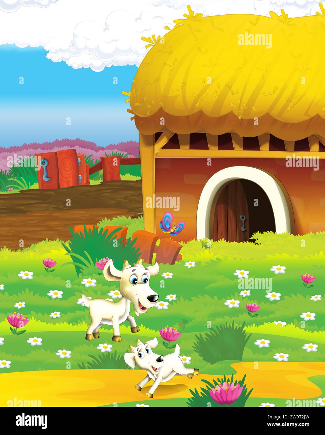 Cartoon farm scene with animal goat having fun on the farm ranch ...