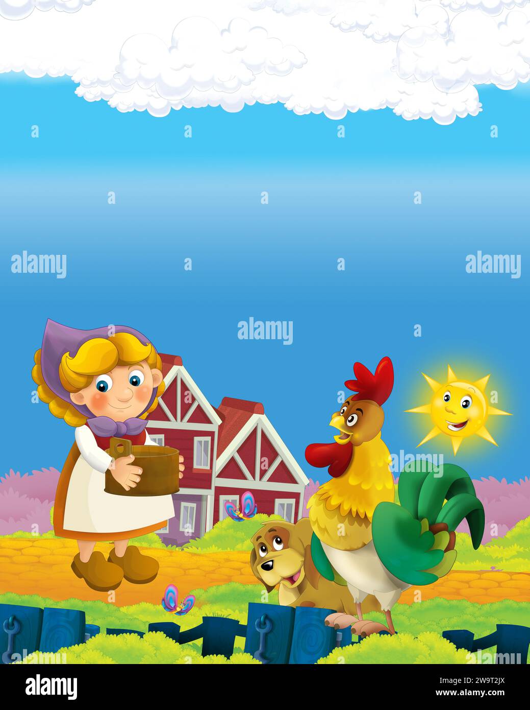 cartoon scene with happy farmer woman on the farm ranch illustration ...