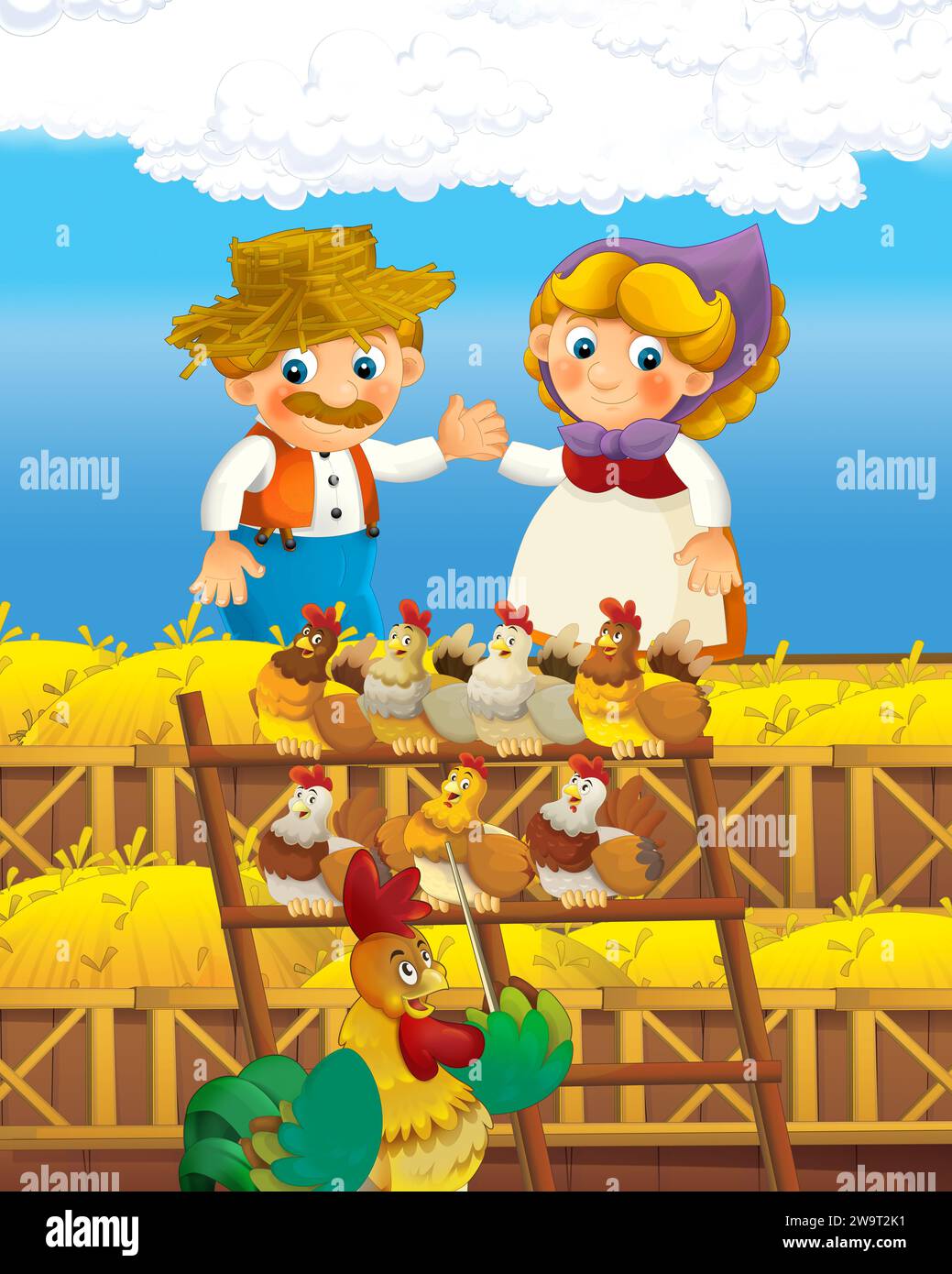 cartoon scene with happy farmer man and woman on the farm ranch ...