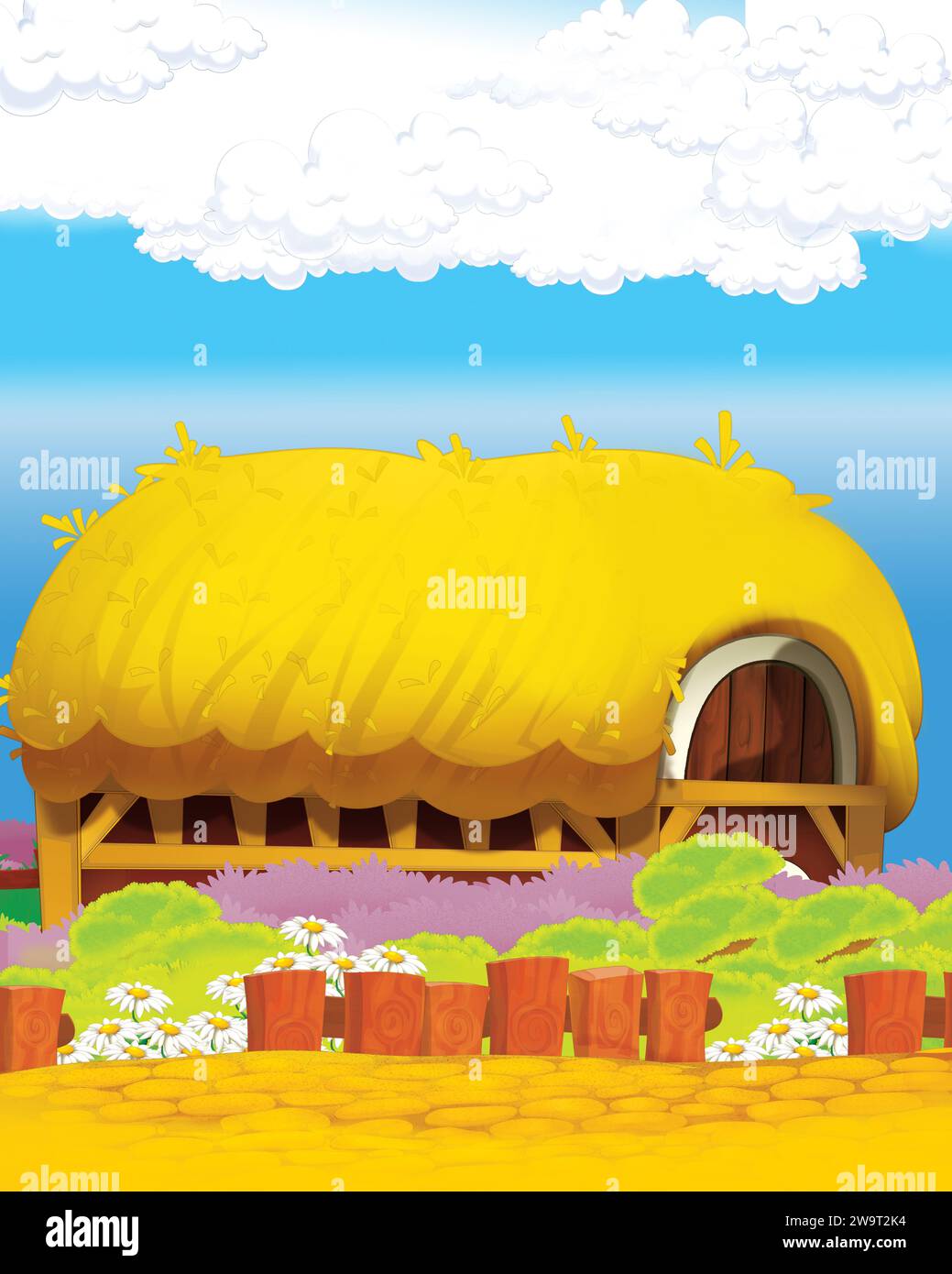 cartoon scene with funny looking farm house on the hill - illustration ...