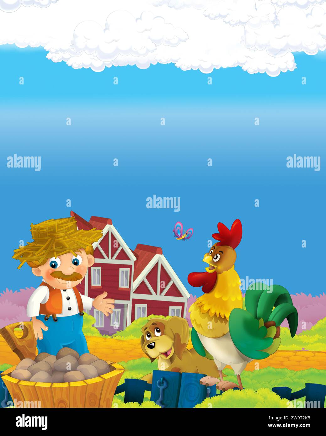 cartoon scene with happy farmer man on the farm ranch illustration for ...