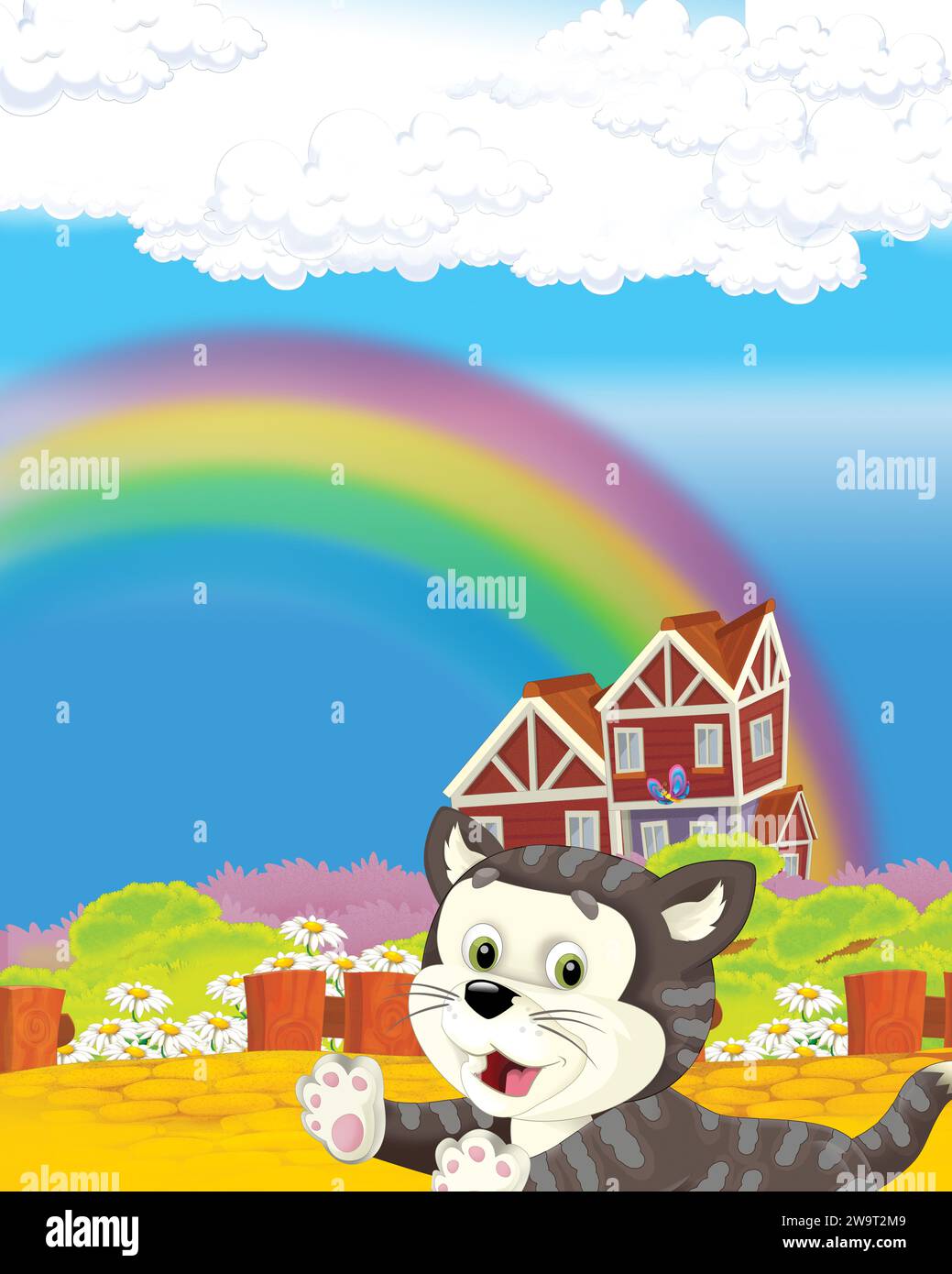 cartoon scene with cat having fun on the farm - illustration for ...