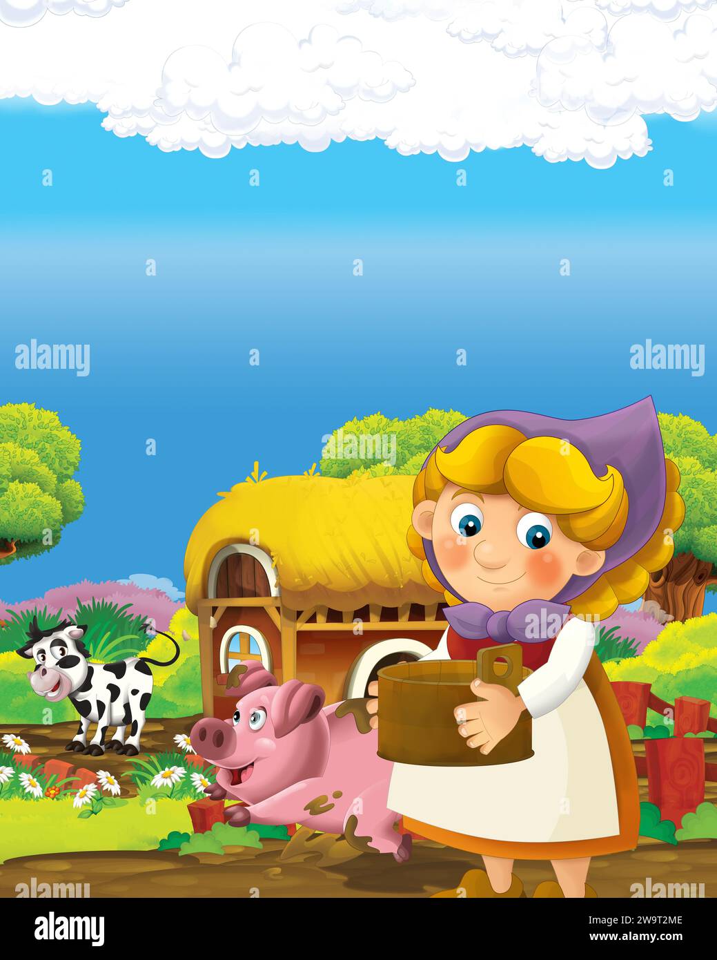 cartoon scene with happy farmer woman on the farm ranch illustration ...