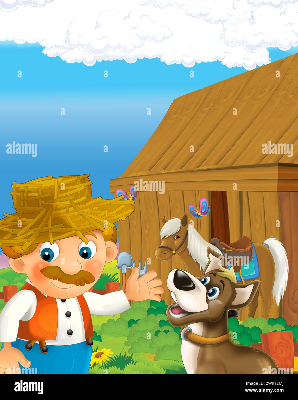 cartoon scene with happy farmer man on the farm ranch illustration for ...