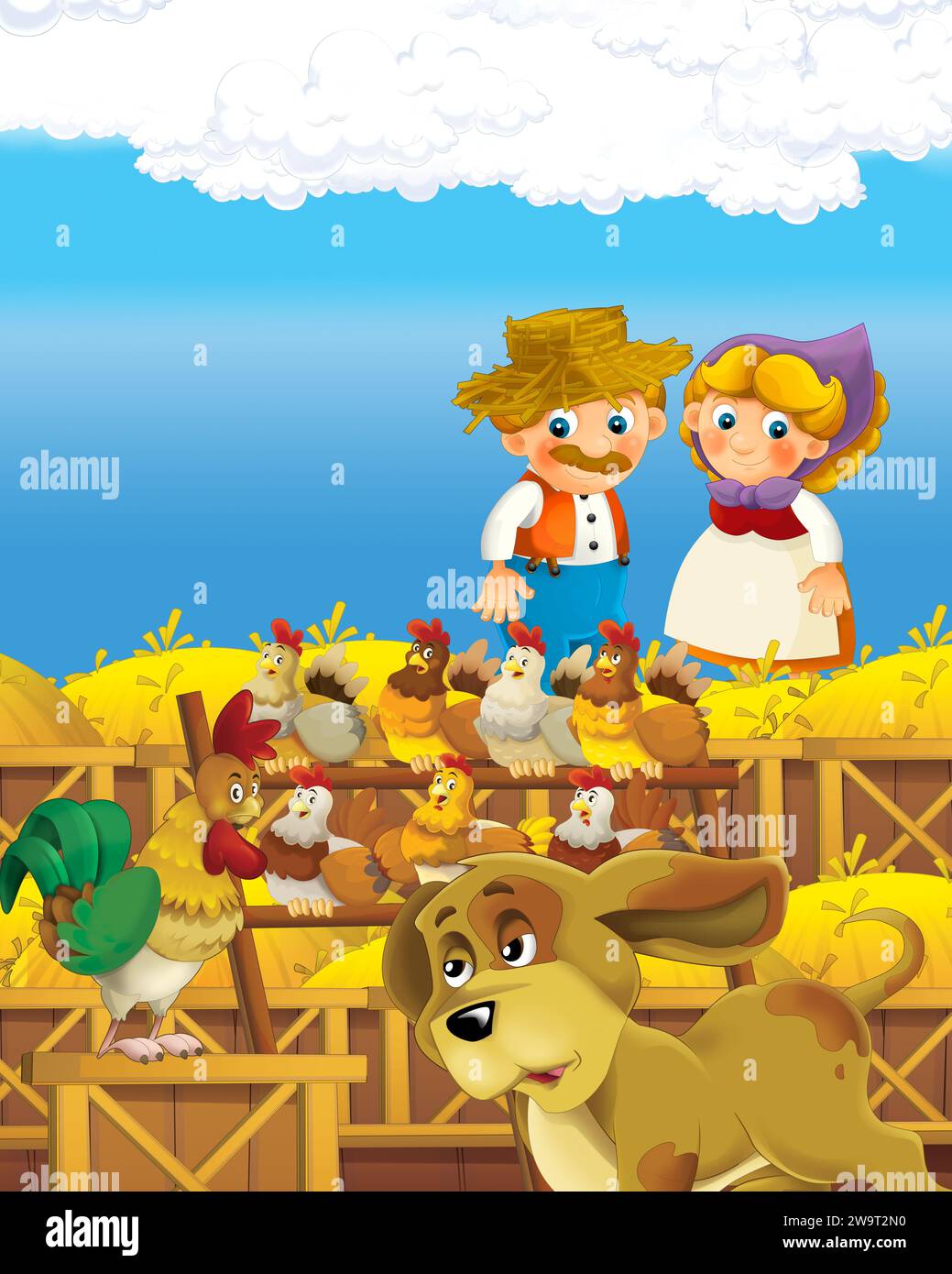 cartoon scene with happy farmer man and woman on the farm ranch ...