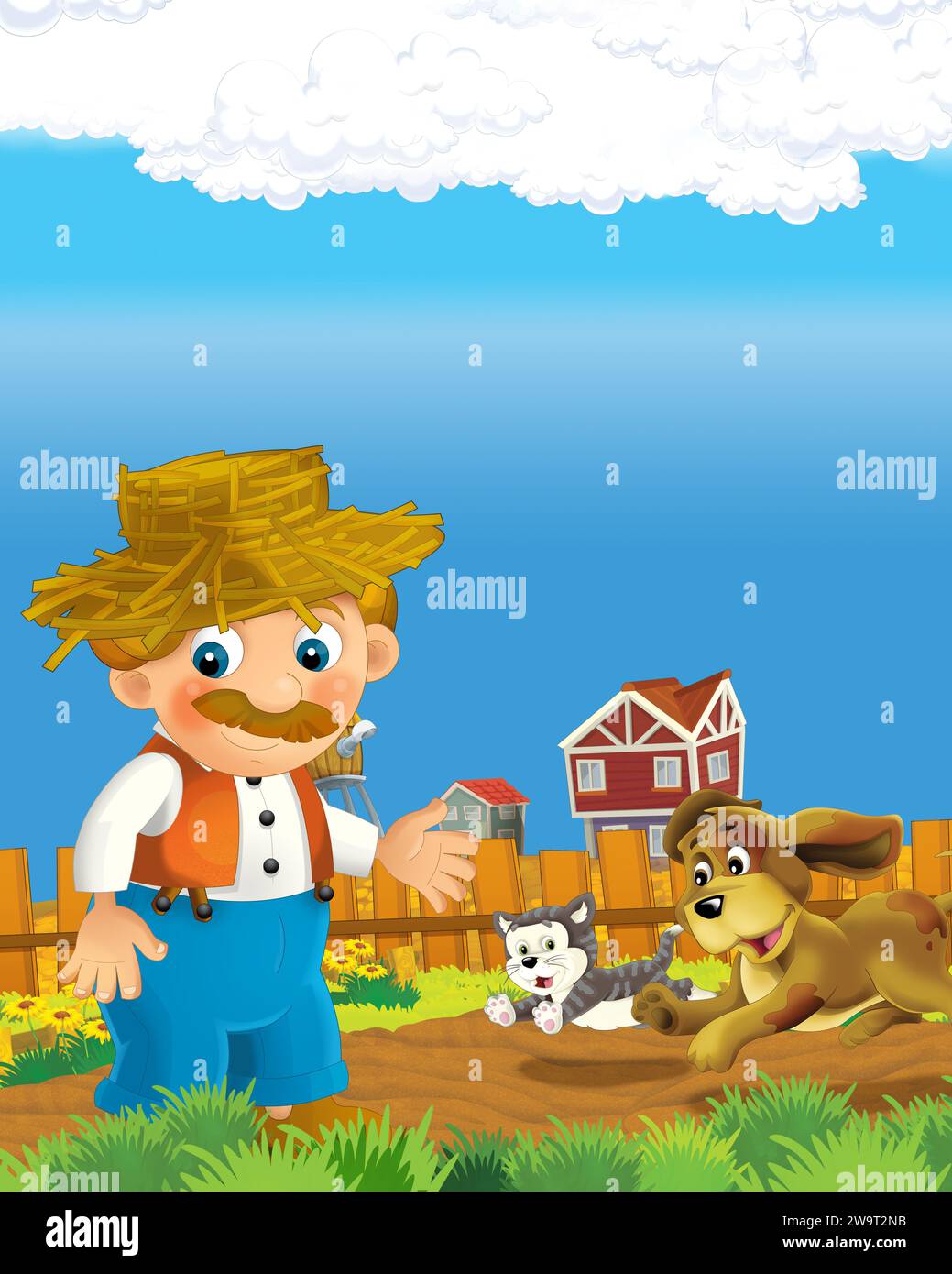 cartoon scene with happy farmer man on the farm ranch illustration for ...