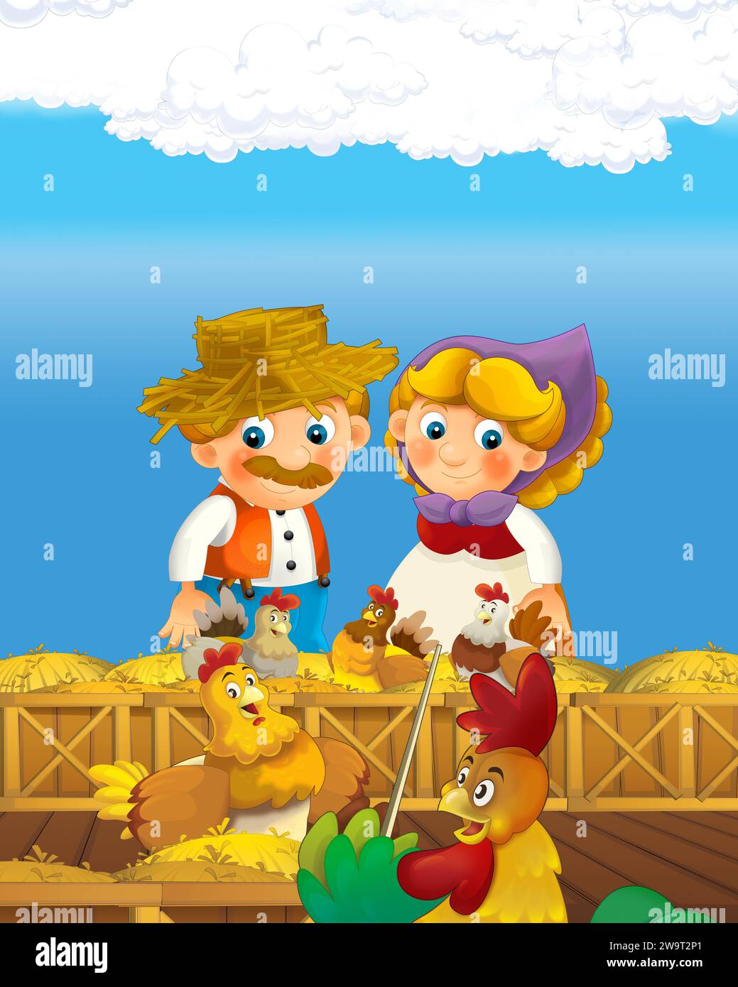 cartoon scene with happy farmer man and woman on the farm ranch ...