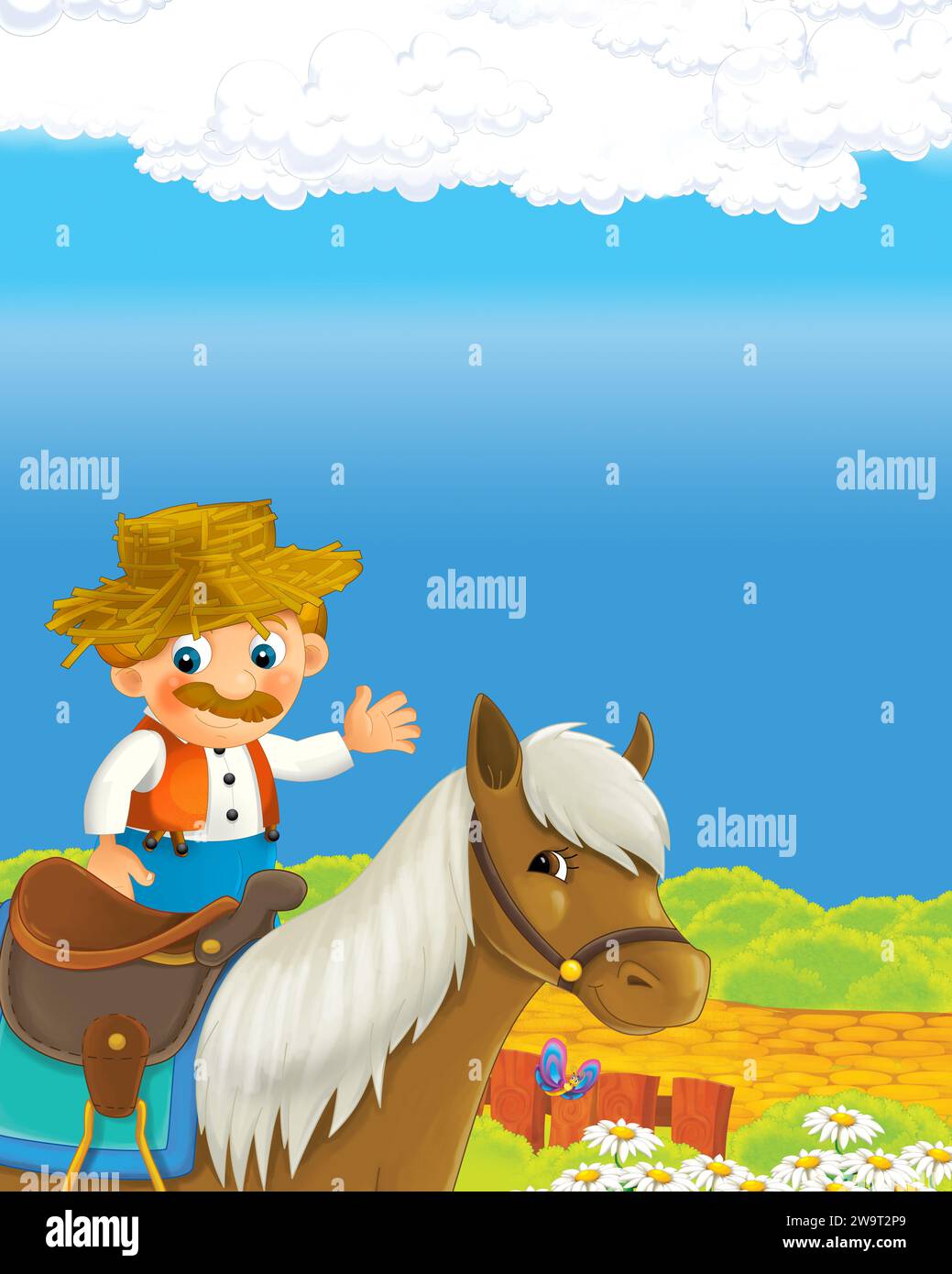 cartoon scene with happy farmer man on the farm ranch illustration for ...