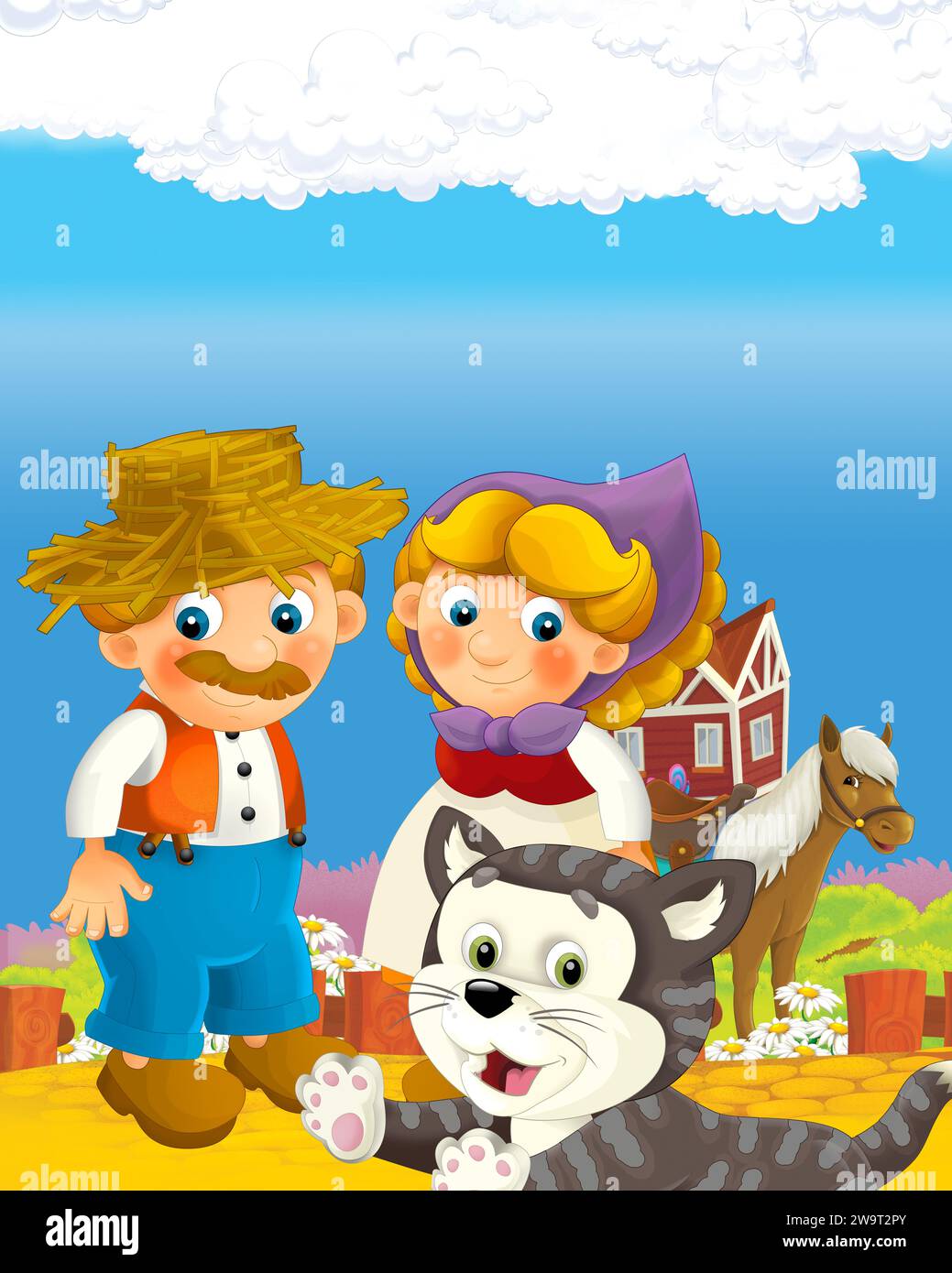 cartoon scene with happy farmer man and woman on the farm ranch ...