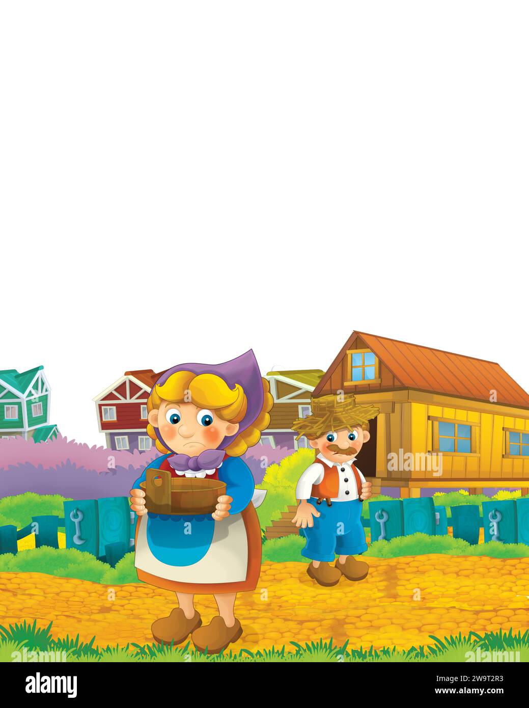 Cartoon farm scene with farmer and farmer woman having fun on white ...