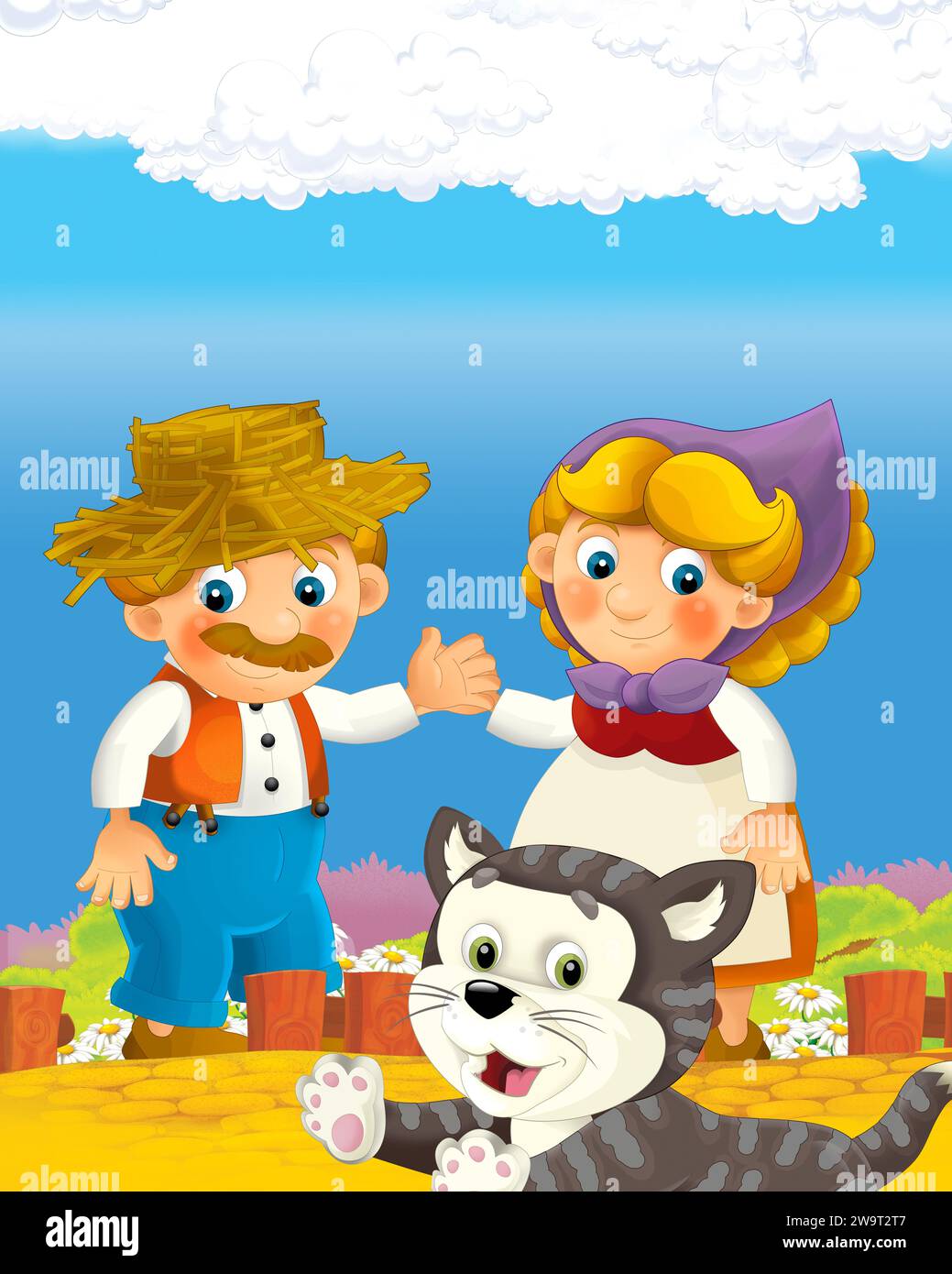 cartoon scene with happy farmer man and woman on the farm ranch ...